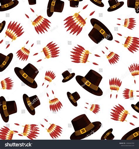 Pilgrim Indian Hats Thanksgiving Pattern Stock Vector Royalty Free 1200045769 Shutterstock