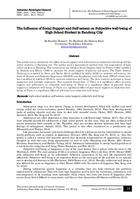 Pdf The Influence Of Social Support And Self Esteem On Subjective