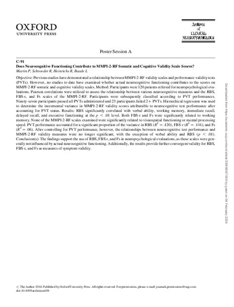 Pdf C 91 Does Neurocognitive Functioning Contribute To Mmpi 2 Rf Somatic And Cognitive