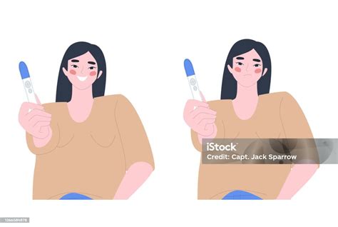 긍정적인 임신 검사를 보여주는 아시아 여자 기쁨의 감정 슬픔의 감정 계획되지 않은 임신 감정에 대한 스톡 벡터 아트 및 기타