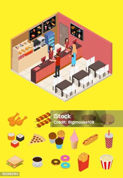 인테리어 패스트 푸드 레스토랑 및 요소 부품 Isometric 보기 벡터 등측투영법에 대한 스톡 벡터 아트 및 기타 이미지
