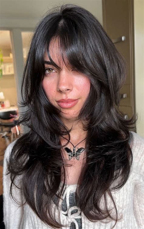 Soft Wolf Cut For Long Dark Hair With Textured Layers And Fringe