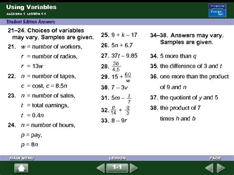Using Variables ALGEBRA LESSON Write