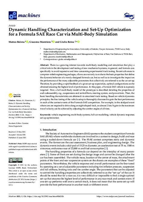 pdf dynamic handling characterization and set up optimization for a