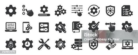 글리프 단색 아이콘 컬렉션 설정 설정 구성 업데이트 유지 관리를 포함합니다 Minimal Icon And Symbol Series Vector Illustration 최소