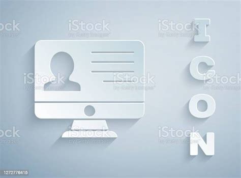 회색 배경에서 리시저를 격리한 이력서 아이콘이 있는 컴퓨터 모니터를 용지 잘라냅니다 Cv 응용 프로그램 전문 직원을 검색 인력 분석 이재개됩니다 종이 아트 스타일 벡터 3