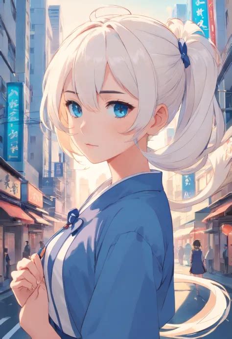 흰색 머리카락，더블 포니테일 컬，푸른 색 눈，화이트 로리타，베스，번화한 도시 거리，가슴이 크다，남자들。 Seaart Ai