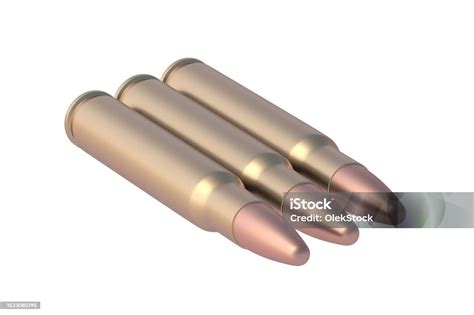 Row Of Bullets For Assault Rifle Isolated On White Background 3d Render