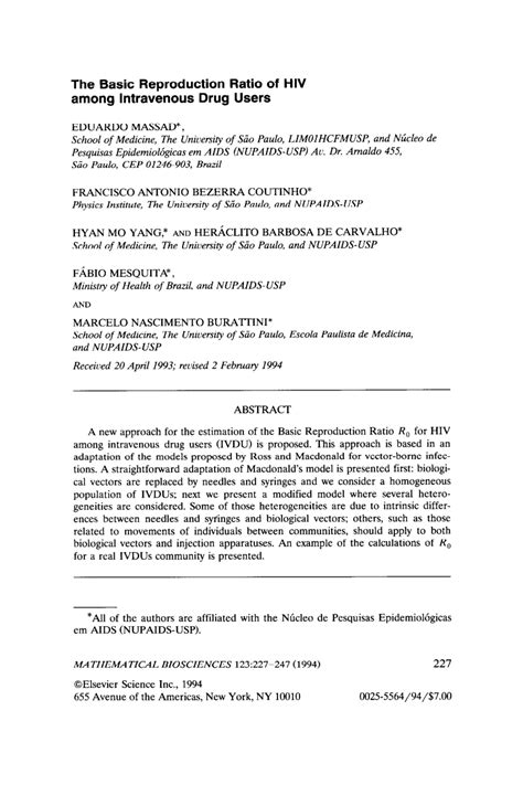Pdf The Basic Reproduction Ratio Of Hiv Among Intravenous Drug Users