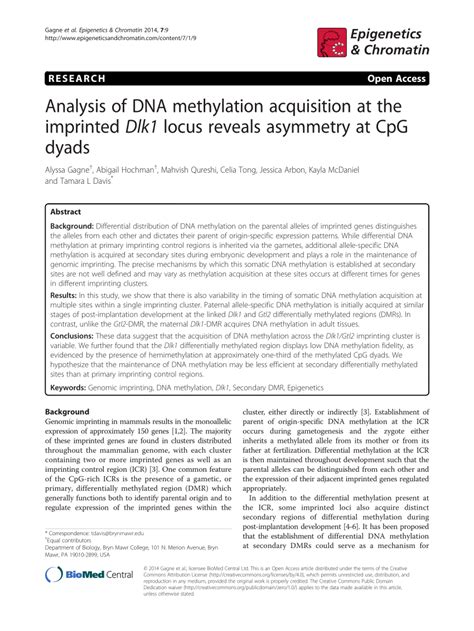 Pdf Analysis Of Dna Methylation Acquisition At The Imprinted Dlk1 Locus Reveals Asymmetry At