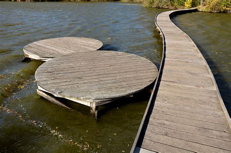 나무 판자로 만든 떠있는 산책로 기둥의 좁은 곡선 길은 호수 물 위 바닥으로 구동된다 난간이 없습니다 개별 원형 보드로 만든 더 많은 디자인 보도 가을 방파제 0명에 대한