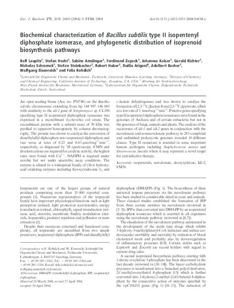 Pdf Biochemical Characterization Of Bacillus Subtilis Type Ii Isopentenyl Diphosphate