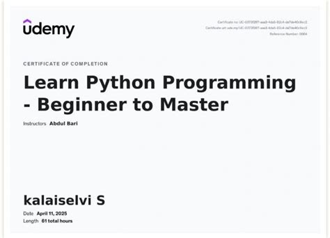 python programming learningjourney udemy certification… kalaiselvi s