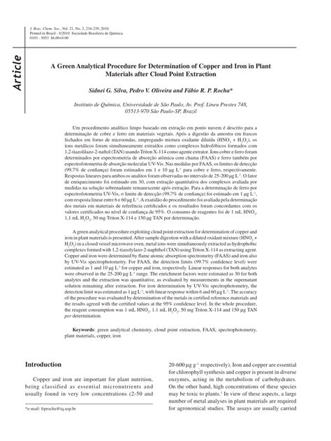 Pdf A Green Analytical Procedure For Determination Of Copper And Iron In Plant Materials After