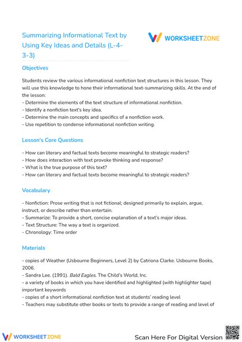Summarizing Informational Text By Using Key Ideas And Details L 4 3 3 Lesson Plan
