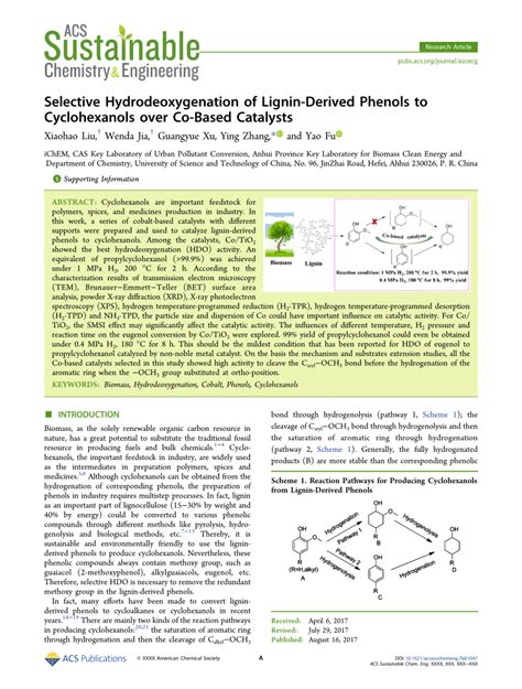 Pdf Selective Hydrodeoxygenation Of Lignin Derived Phenols To Cyclohexanols Over Co Based