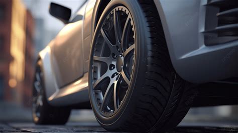 Close Up 3d Rendering Captivating Car On A Scenic Road With Detailed Wheel Focus Background