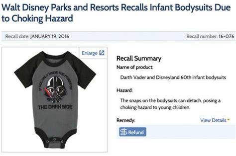 Darth Vader Baby Onesie Recalled By Walt Disney Water Parks And Resorts
