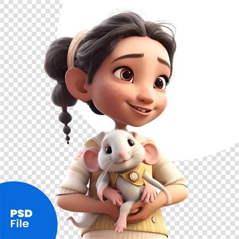 3d рендеринг милой маленькой девочки держащей белую крысу Psd шаблон Премиум Psd Файл