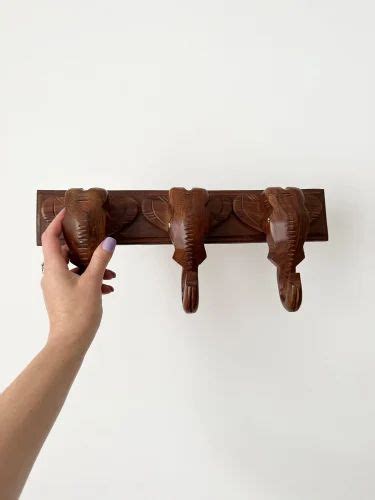 Three Hand Carved Wood Elephant Trunk Hook Elephant Wall Hooks Coat