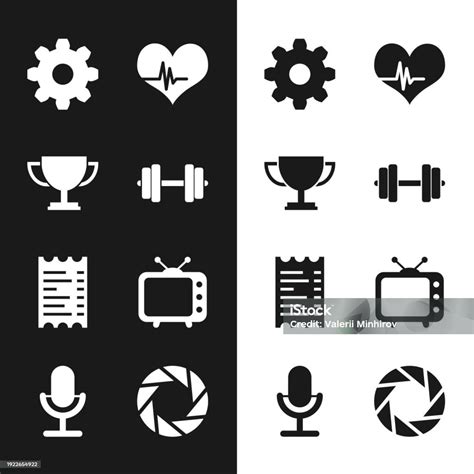 덤벨 트로피 컵 톱니바퀴 기어 설정 심박수 종이 또는 재정 수표 및 텔레비전 Tv 아이콘을 설정합니다 벡터 건강한 생활방식에