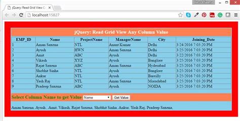 Jquery Read Gridview Column Value