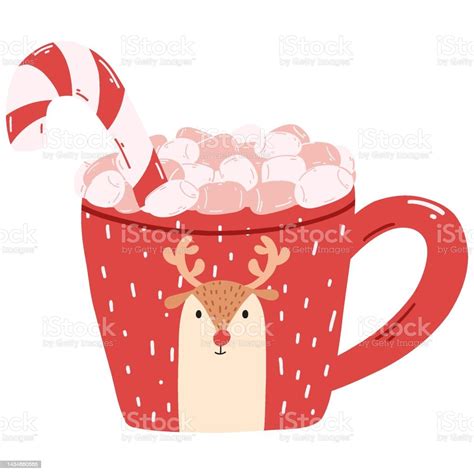 만화 스타일의 마시멜로와 사탕 지팡이가있는 귀여운 머그잔 귀엽고 뜨거운 음료와 함께 빨간 컵의 손으로 그린 벡터 일러스트레이션 마시기에 대한 스톡 벡터 아트 및 기타 이미지