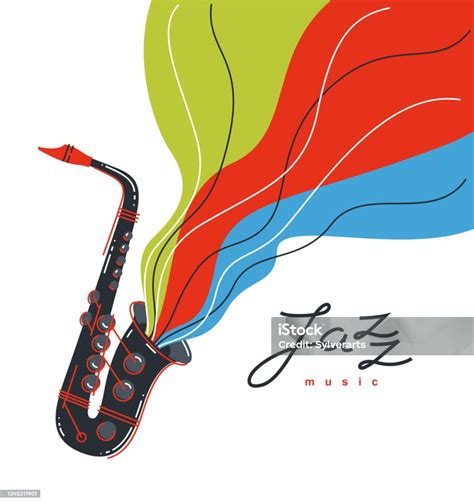 재즈 음악 엠블럼 또는 로고 벡터 플랫 스타일 일러스트레이션 색소폰 로고타입 으로 녹음 레이블 또는 스튜디오 또는 뮤지컬 밴드