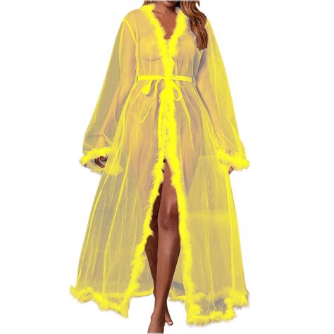 Tmoyzq Womens Plus Size Sheer Mesh Kimono Robe Furry Trim Sexy
