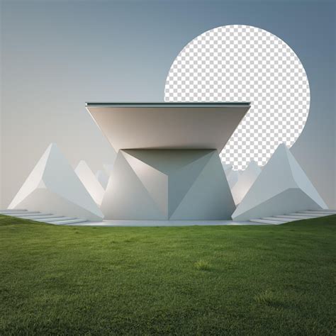 Premium Psd Geometric Shapes Structure With Gray Concrete Floor On Green Grass Lawn Abstract
