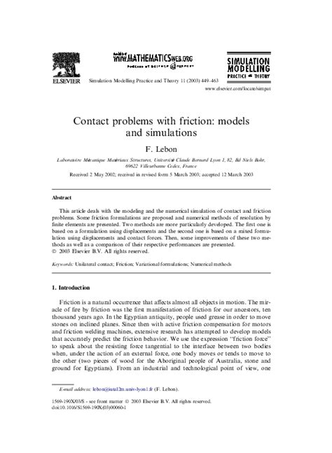Pdf Contact Problems With Friction Models And Simulations