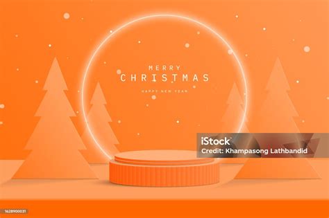 추상적인 주황색 3d 실린더 연단 받침대는 크리스마스 트리 빛나는 네온 반지와 눈이 있는 책상 위에 있다 제품 전시 프리젠테이션 또는 판촉일을 위한 플랫폼 메리 크리스마스