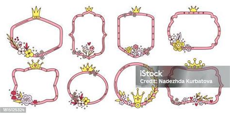 귀여운 가리 프레임 왕실의 왕관과 꽃이 있는 공주 장식 사랑의 마음 생일 파티 꽃 식물 꽃다발입니다 동화 테두리 모양입니다 핑크 달콤한 디자인 요소 벡터 세트 유치원에 대한