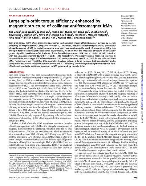 Pdf Large Spin Orbit Torque Efficiency Enhanced By Magnetic Structure Of Collinear