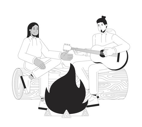 캠프 불에서 기타를 연주하는 친구들 흑백 2d 라인 만화 캐릭터 프리미엄 벡터