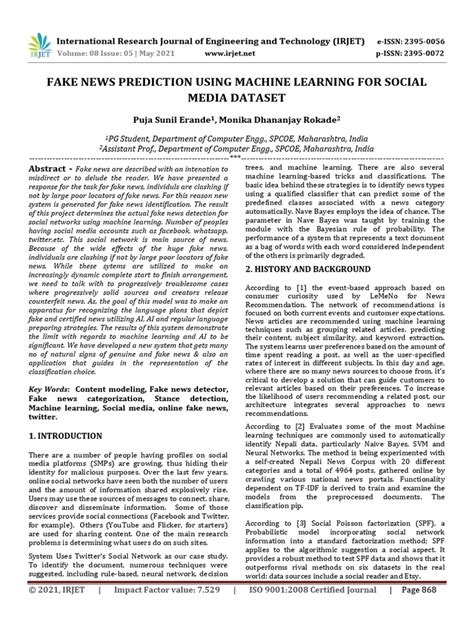 Irjetfakenewspredictionusingmachine Pdf Machine Learning