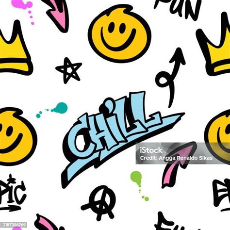 낙서 귀여운 완벽 한 패턴 손으로 그린 타이포그래피 화살표 평화 기호 기호 등 그래피티에 대한 스톡 벡터 아트 및 기타 이미지 그래피티 길거리 스타일 낙서 드로잉