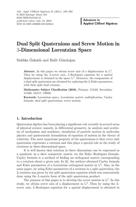 Pdf Dual Split Quaternions And Screw Motion In 3 Dimensional Lorentzian Space