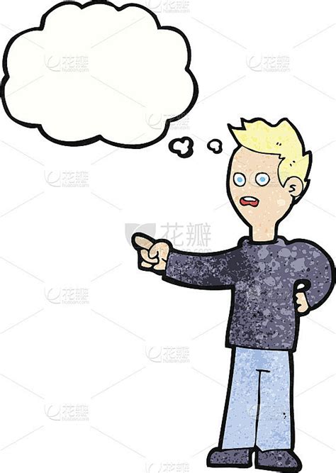 卡通震惊男孩用思想泡泡指着