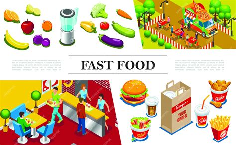 패스트 푸드 레스토랑 햄버거 닭 다리 감자 튀김 샐러드 콜라 커피 과일 야채 음식 트럭에서 먹는 사람들과 아이소 메트릭 패스트