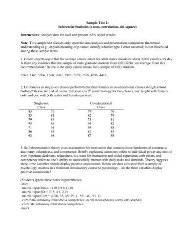 Sample Test 2 Inferential Statistics T Tests Correlation Chi Square