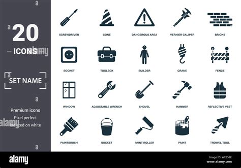 Construction Tools Icon Set Contain Filled Flat Bucket Bricks