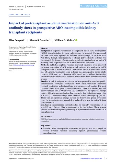 Pdf Impact Of Pretransplant Asplenia Vaccination On Anti‐a B Antibody Titers In Prospective