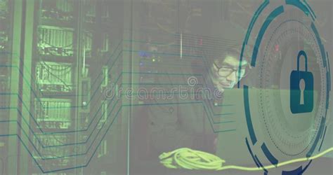 Image Of Data Processing Over Asian Male Hacker In Server Room Stock Illustration Illustration