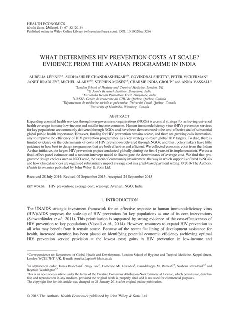 Pdf What Determines Hiv Prevention Costs At Scale Evidence From The Avahan Programme In India