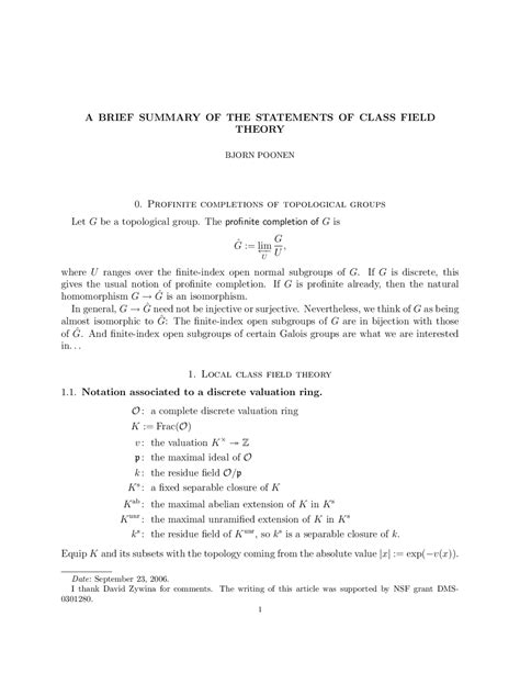 Class Field Theory Lecture Notes Maths Prof Bjorn Lenan Docsity