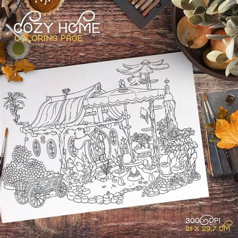A Coloring Page With An Image Of A House In The Middle And Autumn Leaves Around It