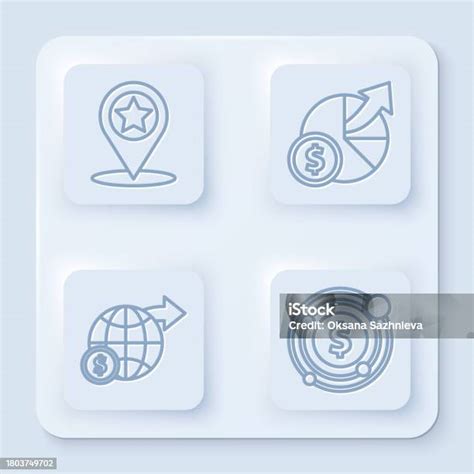 별 돈 및 다이어그램 그래프가 있는 선 지도 포인터 달러가 있는 지구 지구본 및 달러 기호가 있는 대상을 설정합니다 흰색 사각형