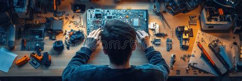 Robotics Engineer Works On Assembling A Complex Robot In A Well