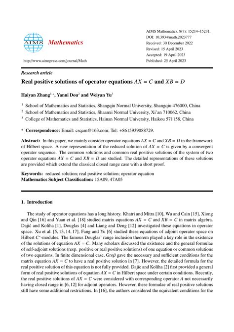 Pdf Real Positive Solutions Of Operator Equations Ax C And Xb D